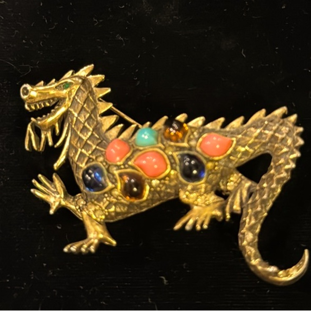 Rare Vintage 1950s Jeweled Dragon Brooch With Glass C… - Gem